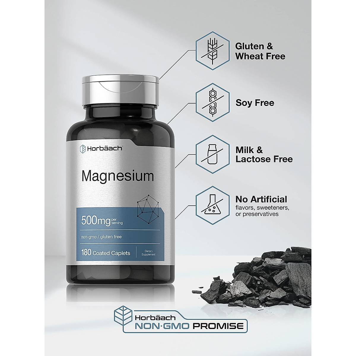 Horbäach Magnesium 500mg | 180 Caplets | Vegetarian, Non-GMO, and Gluten Free Supplement