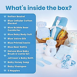 Basket for Boy - 18 Baby Boy Essentials, Blue Baby Gift Sets for Newborn, New Baby Boy Gift Basket, Maternity Welcome Baby Boy Gift