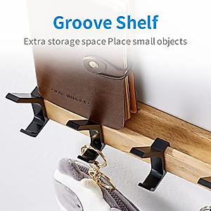 HANLIAN Coat Rack Wall Mount with Shelf, Hook Rail with 5 Sliding Double Hooks, Wood & Aluminum Entryway Coat Hooks Wall Mounted, Coat Hook Rail for Coat Hat Towel Robes (1 Pack, Black)