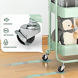 TOOLF 3 Tier Metal Rolling Cart, Utility Cart with Handle, Multifunction Storage Cart with Lockable Wheels, Serving Organizer Trolley with Mesh Basket for Kitchen, Bathroom, Office