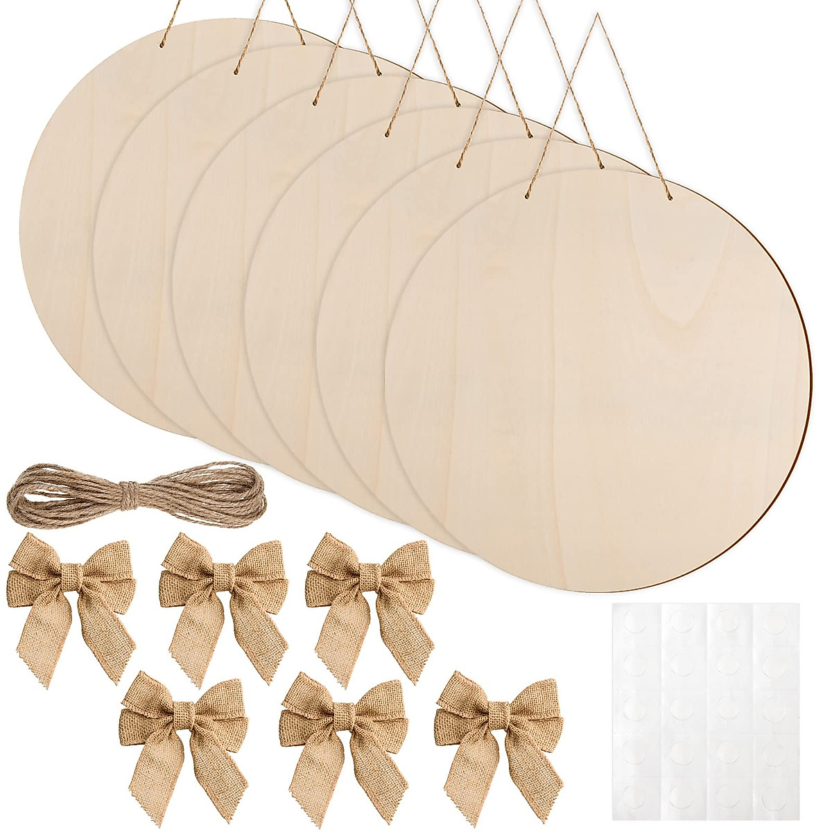 6 Pcs 14 Inch Wood Circles for Crafts Unfinished Wooden Slice Blank Round Wooden Door Hanger Sign Round Wooden Discs with Bows,Twine, Glue Point for DIY Craft Christmas Home Holiday Decor,5 mm Thick