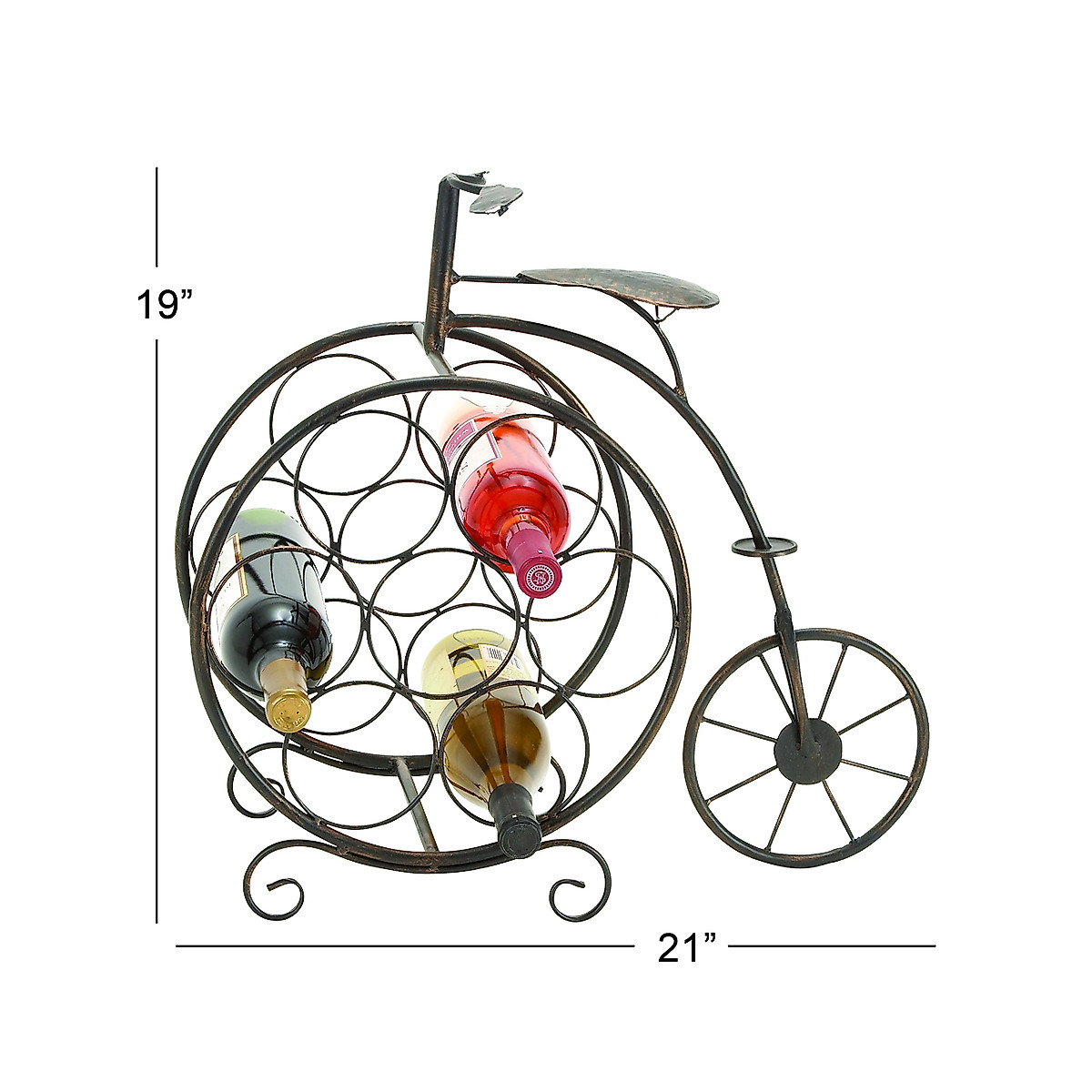 Deco 79 Metal Bike 7 Bottle Wine Rack with Scrollwork, 21" x 9" x 19", Brass