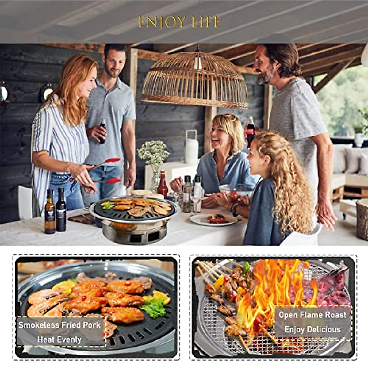 WGLAWL Charcoal Grills, Portable Household Korean Non-Stick Barbecue BBQ Grill Stove, Tabletop Smoker Charcoal Grill for Courtyard Camping Picnic Hiking Traveling Beach BBQ (Color : Silver)