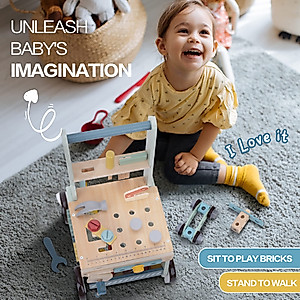 2-in-1 Baby Push Walker - Wooden Push Walker and Tool Toy for Babies - Toddler Learning Activity Walker for Girls Boys 1-3 Years - Educational and Sturdy Construction