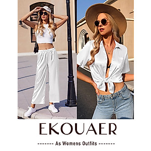 Ekouaer Womens Silk Satin Pajama Sets 2 Piece Pjs Soft Button Down Sleepwear Wide Leg Long Pants Loungewear with Pockets White