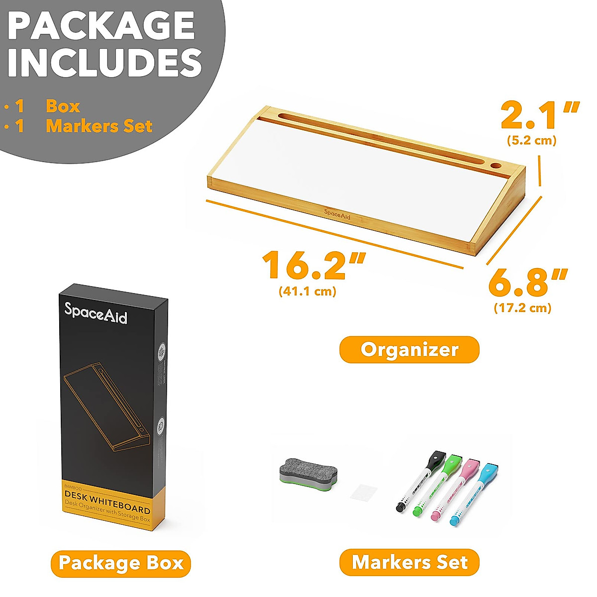 SpaceAid Bamboo Desktop Whiteboard with Organizer Box, Office Desk Dry Erase White Board Holder, Computer Keyboard Stand Pad for Office Supplies Storage (Natural)