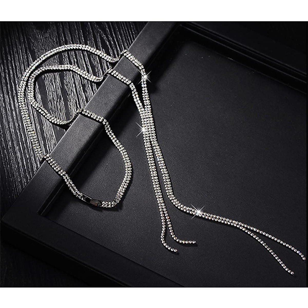 Sither Silver Crystal Necklace for Women Long Sweater Chain Statement Necklace for Wedding Jewelry for Dressy Winter Evening Party