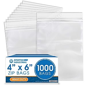 Spartan Industrial - 4” X 6” (1000 Count) 4 Mil Thick Clear Reclosable Zip Plastic Poly Bags with Resealable Lock Seal Zipper - Heavy Duty and Durable