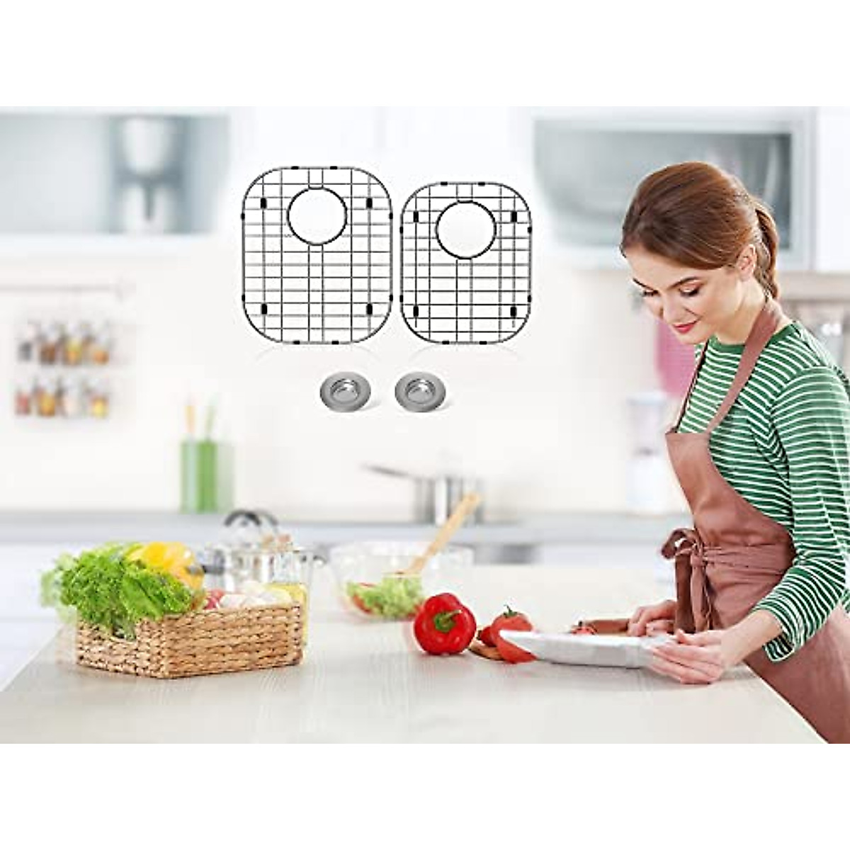 2Pack Sink Protector Grid 13"x16"and 11.2"x14.5", 304 Stainless Steel Sink Protectors for Kitchen Sink, Rust Resistant Metal Kitchen Sink Grid with 2Pack Sink Strainers (Rear Drain/4Pack)
