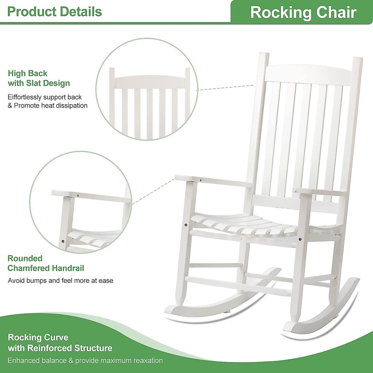 BSTOPHKL Outdoor Rocking Chairs Set of 2 Patio Rocker Chair with High Back and Handrail Porch Rocker for Garden Front Porch Patio Backyard, White