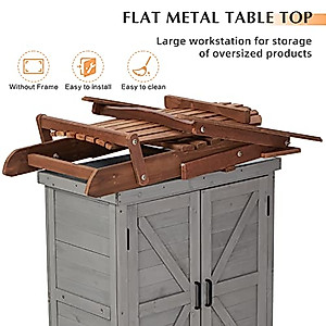 Outdoor Storage Cabinet & Potting Bench Table with Metal Top, Wooden Patio Furniture, Garden Workstation