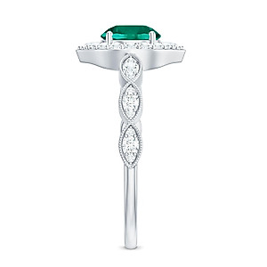 Lab Grown Emerald Diamond Engagement Ring, AAAA Quality, Certified 6 MM Round Emerald Halo Ring (With Jewelry Box), 14K White Gold, Size:US 5.00