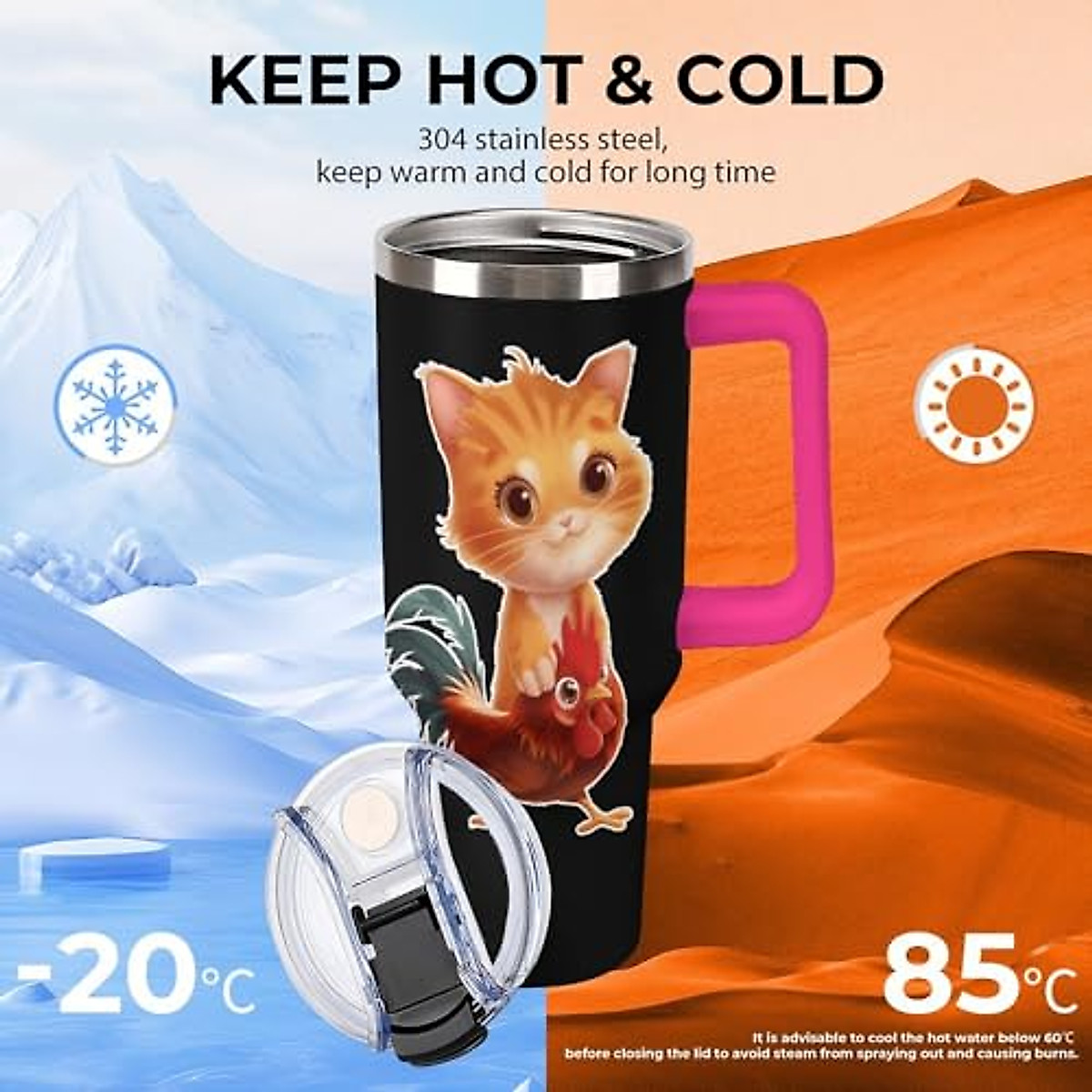 Orange Cat Sitting on A Rooster 40 Oz Tumbler Insulated Stainless Steel Water Bottle Travel Mug Car Cup with Handle And Straw