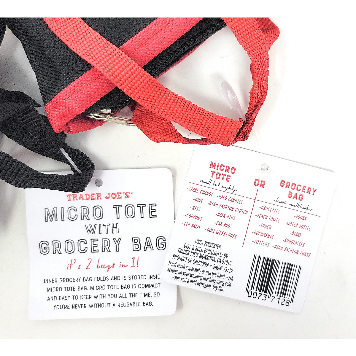 Trader Joes Reusable Grocery Bag and Micro Tote, 2 Bags in One, Washable Shopping, Small, Mighty, Compact and Convenient