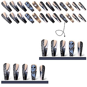 Halloween Press on Nails Long Coffin Fake Nails Full Cover Nightmare Christmas Nails Spider Web False Nails with Designs Rhinestones Matte Glue on Nails Artificial Nails for Women Girls 24Pcs
