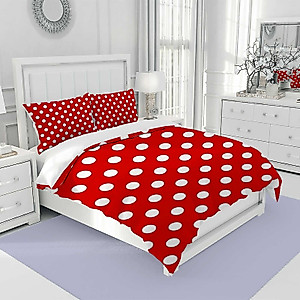 ColourLife Duvet Cover Sets White Polka Dot on Red Soft Microfiber Comforter Protector Set 3 PCS(1 Duvet and 2 Pillow Shams) Bedding Set Queen Size 90 x 90 Inches