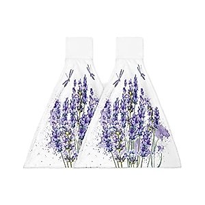 Hand Tie Towel Set of 2,Field Purple Lavender Floral Dragonfly Hanging Kitchen Towels with Loop, Absorbent Tea Bar Dish Towel Fast Drying Towels for Bathroom,Rustic Flower Plant Watercolor