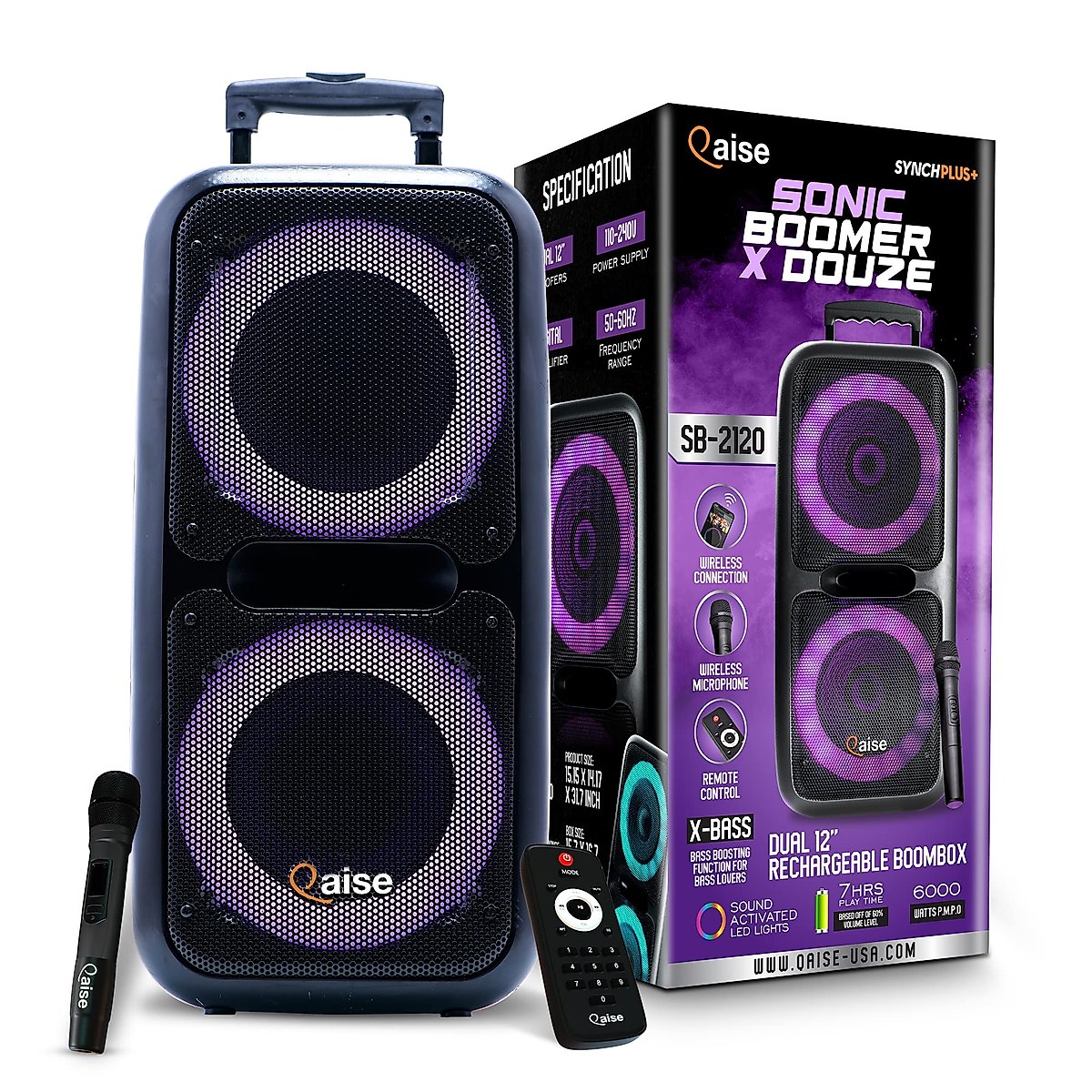 QAISE Portable Bluetooth Speaker & Karaoke Machine - Portable PA System with Wireless Mic, Professional Dual 12” Subwoofer with Lights, 7h Play time, 6000 Watts Peak Power - SonicBoomer X Douze