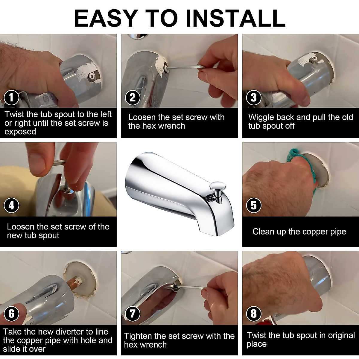 1 Pack Slip on Tub Spout with Diverter, Compatible with American Standard 8888026.002 Tub Spout, Bathroom Bathtub Faucet, Fits 1/2" Copper Water Tube(5/8" Diameter), Polished Chrome, 5/32" Hex Wrench