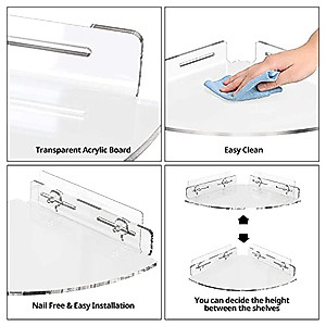 GeekDigg Bathroom Shelf with Towel bar, Wall Mounted Glass Shower Rack 15.2 by 4.5 inches 2 Pack Corner Shower Caddy, Transparent Acrylic Shelf