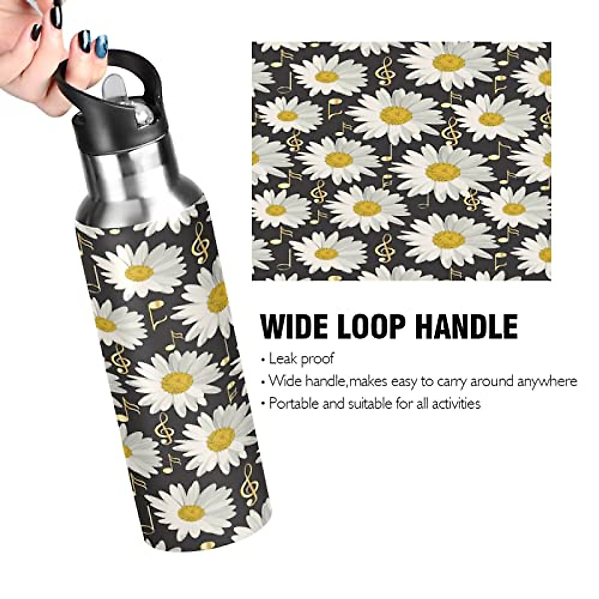 ALAZA Flower Music Note Water Bottle with Straw Lid Vacuum Insulated Stainless Steel Thermo Flask Water Bottle 20oz