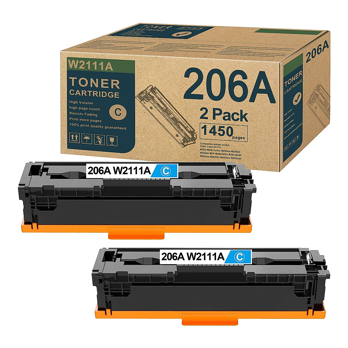 2 Pack 206A | W2111A Toner Cartridge Replacement for HP Color Laserjet Pro M255-M256 Series M255nw M255dw M255dn MFP M282-M283 M282-M285 M282nw M283fdn M283fdw M283cdw Printer Cartridge(Cyan).