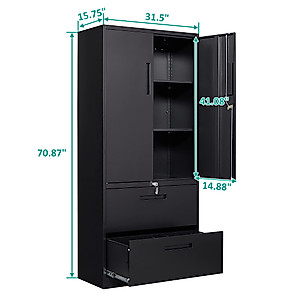 SISESOL Metal Storage Cabinet with Drawers, 71" File Cabinets for Home Office, Locking Steel Storage Cabinet with Doors and Shelves for Home, Office, Warehouse, Garage, School (Black, 2 Drawers)