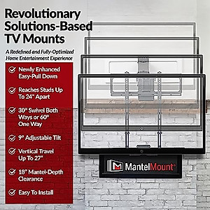 MantelMount MM540 - Above Fireplace Pull Down TV Mount for 40" to 80" Screen TVs to 90 lbs, with Patented auto-straightening, Adjustable Stops, Heat Sensor Handles & Paintable Covers