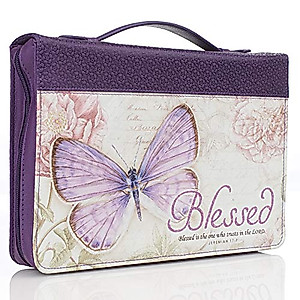 Christian Art Gifts Women's Fashion Bible Cover Blessed Butterfly Jeremiah 17:7, Purple Floral Faux Leather, XL