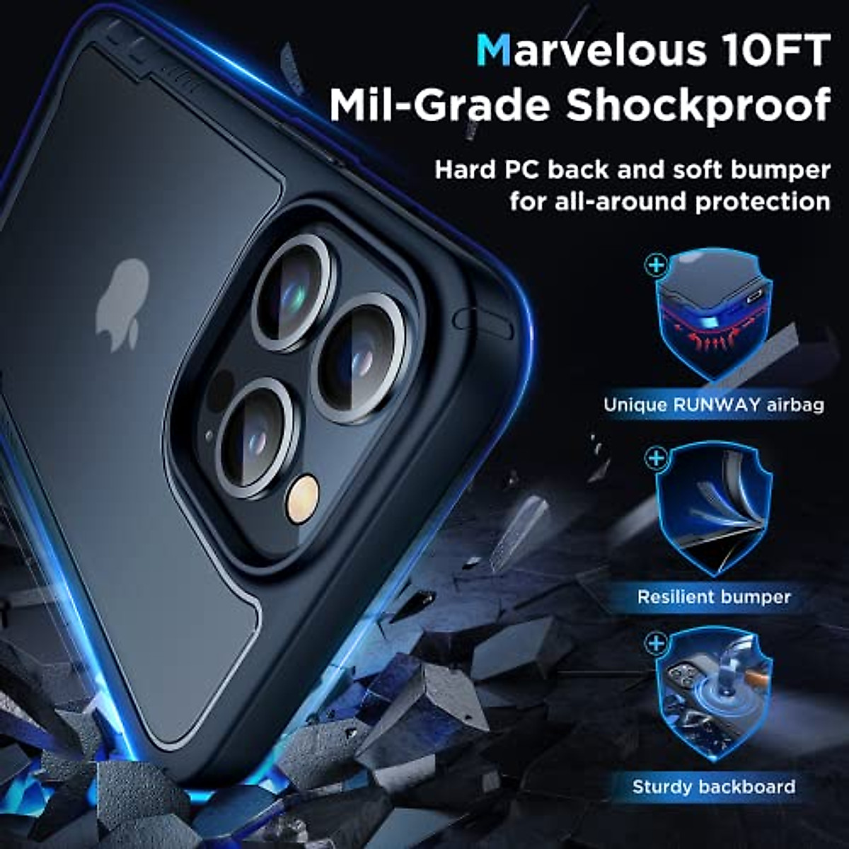 Humixx Shockproof for iPhone 13 Pro Case, [10 FT Military Drop Protection] [Snug Touch] Translucent Matte Hard PC Back with Protective Airbag, Slim Case for iPhone 13 Pro Case 6.1 Inch, Mystery Black