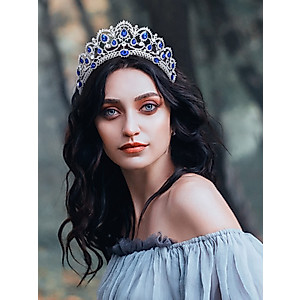 SWEETV Crystal Wedding Tiara for Bride Rhinestone Princess Crown for Women, Olivia Quinceanera Crown Bridal Costume Jewelry Hair Accessories, Blue