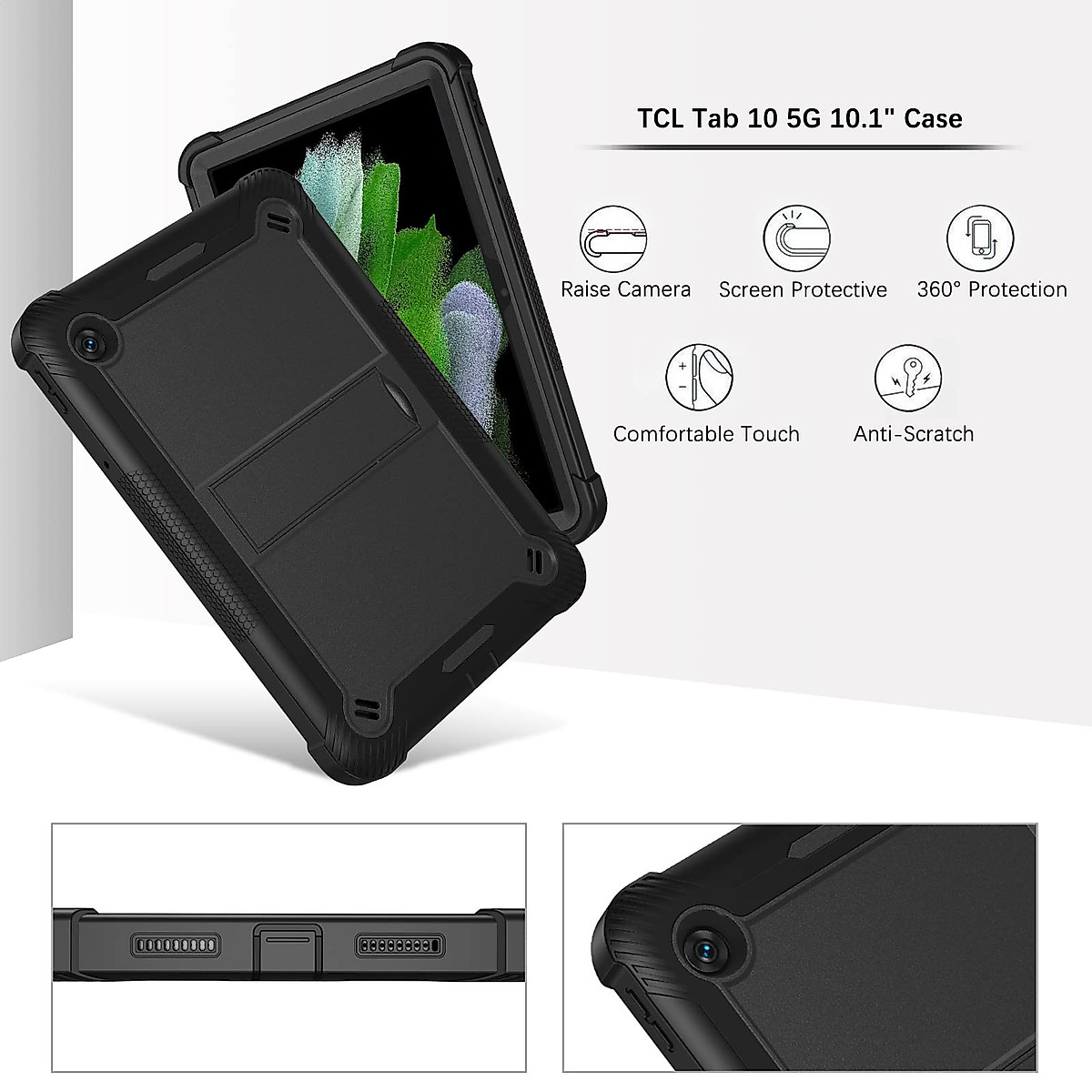 DUEDUE for TCL Tab 10 5G 10.1" Tablet Case, 3 in 1 Hybrid Shockproof Silicone Gel Protective Tablet Cover with Kickstand for TCL Tab 10 5G 9183W(2022 Release), Black