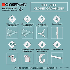 ClosetMaid 5037 5ft. to 8ft. Fixed Mount Closet Organizer Kit, White