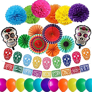 Day of the Dead Party Decorations Dia De Los Muertos Paper Fans,Pom Poms,Papel Picado Banner,Sugar Skull Banner,Colorful Balloons for Halloween Mexican Fiesta Party Decorations