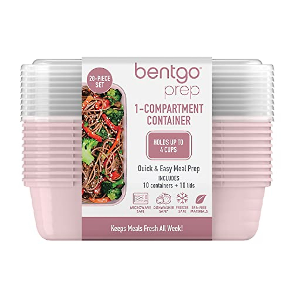 Bentgo® Prep 1-Compartment Containers - 20-Piece Meal Prep Kit with 10 Trays & 10 Custom-Fit Lids - Durable Microwave, Freezer, Dishwasher Safe Reusable BPA-Free Food Storage Containers (Blush Pink)
