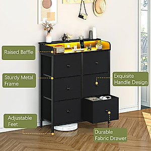 Yoobure Dresser for Bedroom with Charging Station, 6-Drawer Chest Furniture with LED Lights, Fabric Dressers & Chests of Drawers, Storage Tower Organizer Unit for Kids Room Closet Living Room Hallway