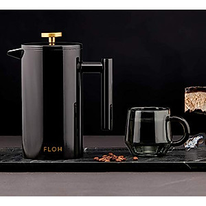 Floh French Press for Coffee & Tea in Black Gloss - 34 Oz Insulated Stainless Steel Coffee Maker