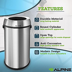 Alpine17 Gallon Stainless Steel Trash Can - Heavy Duty Garbage Bin for Home & Business Wastes (Open Top)