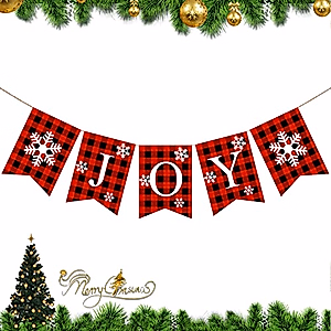 Plaid Christmas Joy Banner Cotton Burlap Christmas Rustic Bunting Banner for Christmas Hanging Decorations (Red)