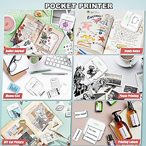 Inkless Sticker Printer, Mini Pocket Printer with 5 Rolls Printing Paper for Android or iOS APP, Portable Bluetooth Inkless Printer Gift for Kids, Thermal Printer for Photo Journal Notes Memo