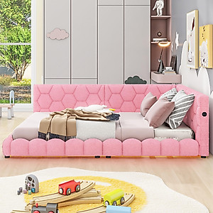 QVUUOU Upholstered Platform Bed Daybed with USB Ports and LED Lights Belt, Full Size Wood Bed Frame for Bedroom Furniture, Teddy Upholstered Bed Multifunctional Bed Floor Bed Grounded Bed (Pink)
