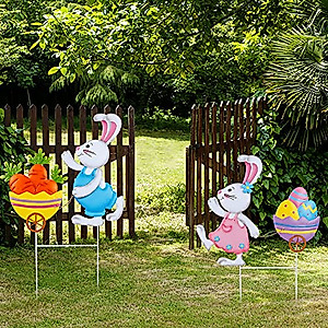 Juegoal 2 Pack Easter Garden Stakes, Metal Easter Bunny with Egg and Carrot Wheel Barrows Yard Signs, Outdoor Waterproof Decorative Rabbits Eggs Easter Stakes for Garden Home Lawn Patio Decorations