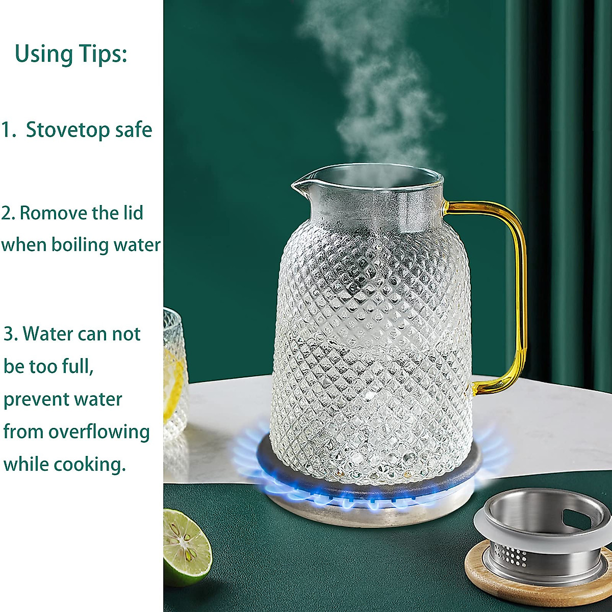 BPFY 1 Pack 60oz Glass Pitcher, Glass Pitcher with Lid and Spout, Glass Water Pitcher, Iced Tea Pitcher for Fridge, Glass Carafe for Cold or Hot Beverages,Glass Jug for Water, Sun Tea, Milk