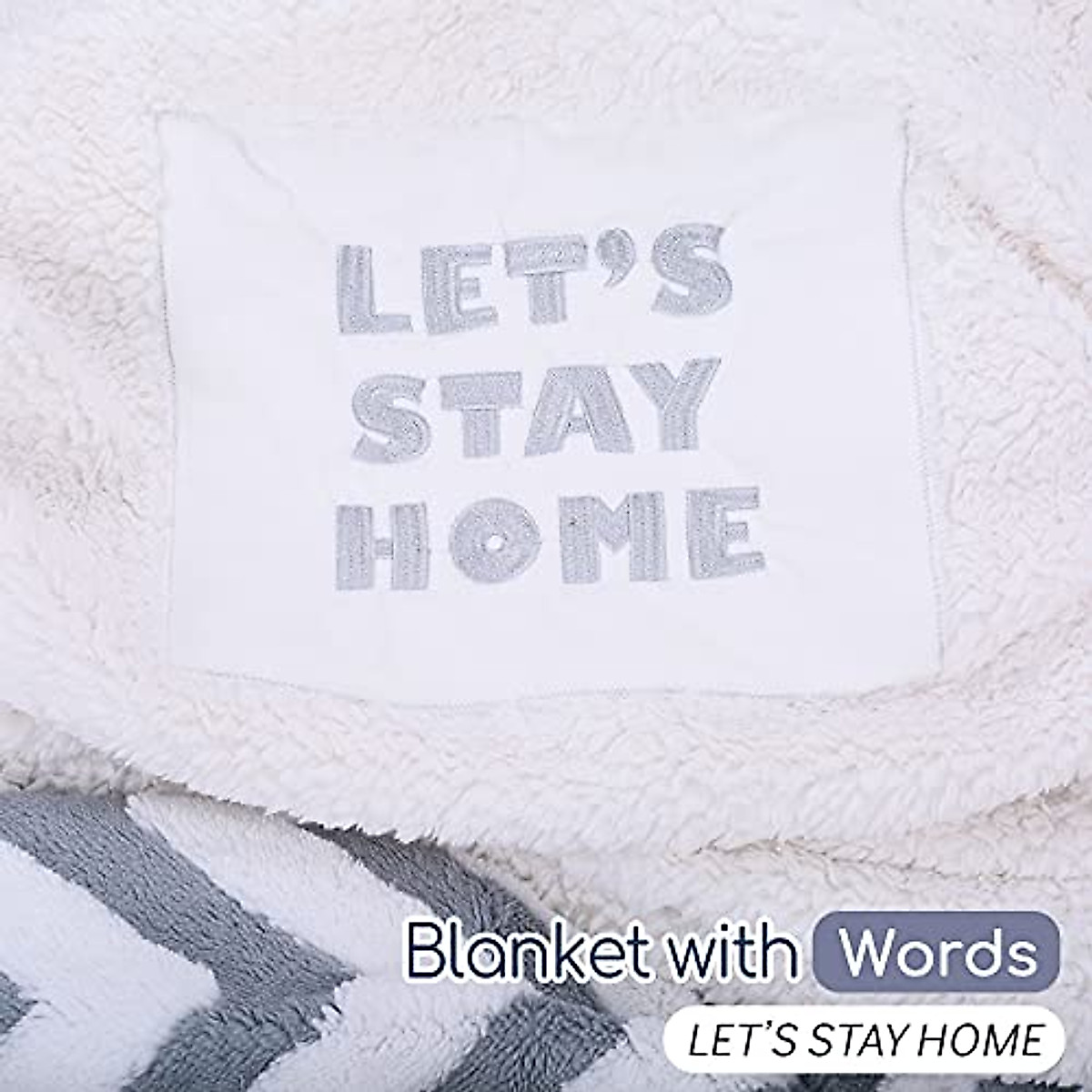 Ailemei Sherpa Fleece Blanket with Creative Embroidered Words Patch, King Size Reversible Fuzzy Soft Fluffy Huge Bed Blankets for Winter, Grey Chevron (Let's Stay Home)