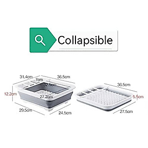 Dish Drainer Collapsible Dish Rack Drainer Foldable & Portable Dish & Cutlery Organizer Space Saving Kitchen Accessory for Inside Camper & Travel Trailers, White Gray
