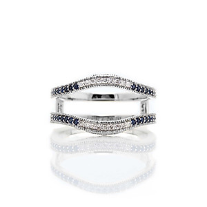 Dazzlingrock Collection Round Blue Sapphire & White Diamond Women Wedding Band Enhancer Guard Ring, 10K White Gold, Size 7