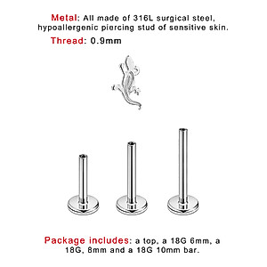 Lizard Nose Studs for Women Gecko Nostril Piercing Jewelry Earrings Stud Surgical Steel Silver Cartilage Earring Conch Helix Tragus Piercing Jewelry with 18g 6mm 8mm 10mm Internally Threaded Posts