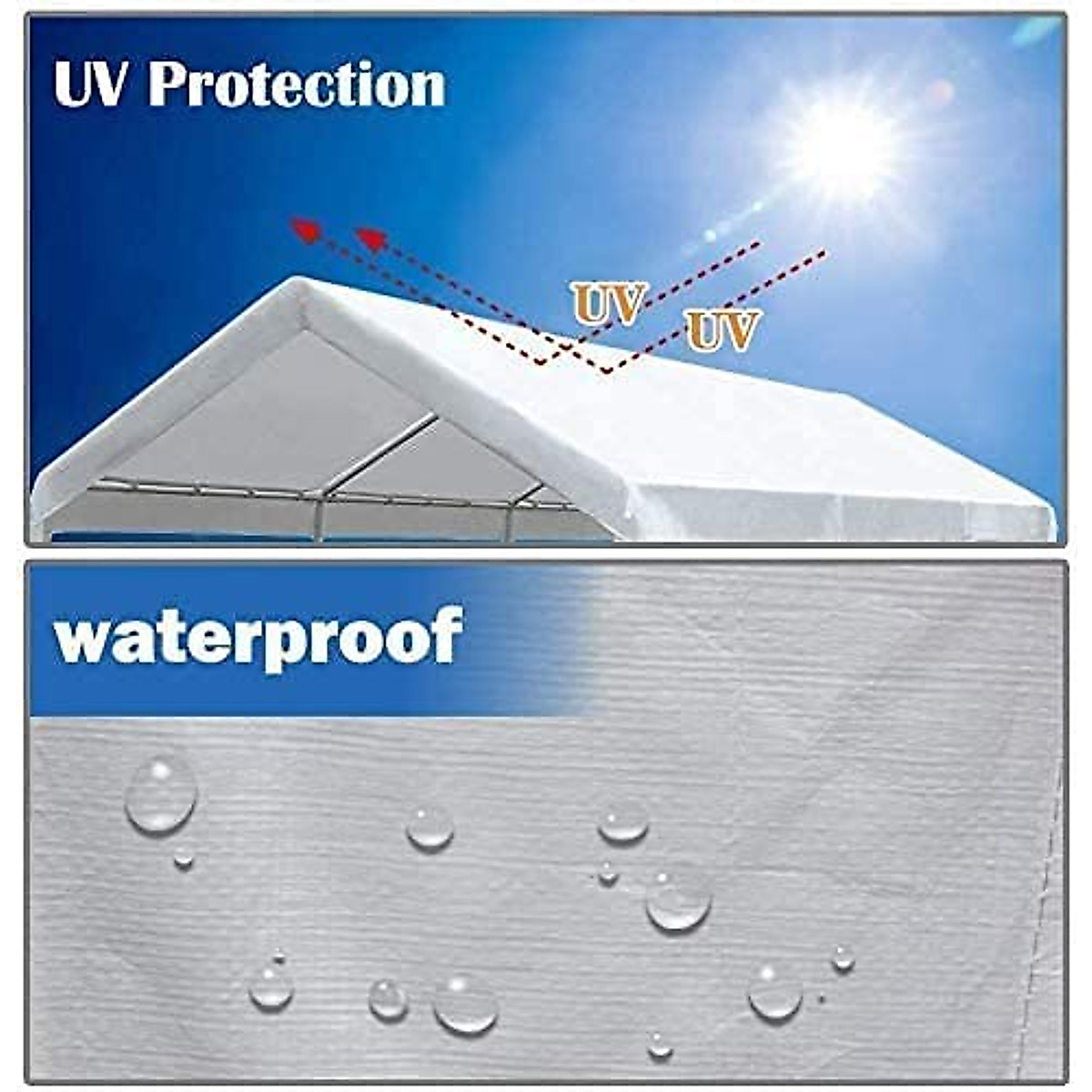 Rutile 12'x20' Carport Replacement Top Canopy Cover for Car Garage Shelter Tent Party Tent with Ball Bungees White (Only Top Cover, Frame is not Included)