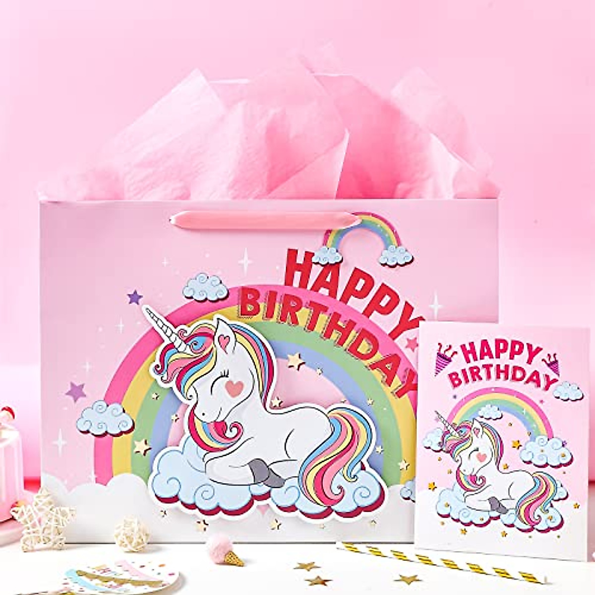 WRAPAHOLIC 16" Extra Large Birthday Gift Bag with Card and Tissue Paper - Fantacy Unicorn Happy Birthday