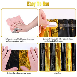 CANREVEL 2 Pack 3.3x8.2 Feet Black and Gold Foil Fringe Backdrop Curtains, Tinsel Streamers Birthday Party Decorations, Fringe Backdrop for Graduation, Baby Shower, Happy New Year, Disco Party